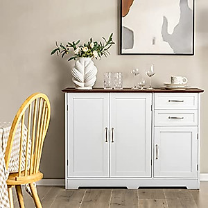 LOKO Buffet Cabinet with Storage, Modern Bar Cabinet with 3 Doors, 2 Drawers & Adjustable Shelf, Kitchen Sideboard Cabinet Console Table for Living Room, 43.5 x 16 x 31 Inches (White)