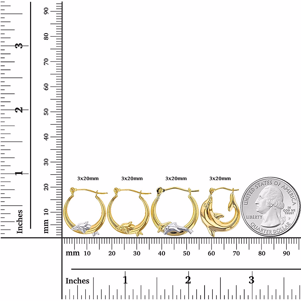 14K Yellow Gold 3mm Thick Dancing Dolphin Hoop Earrings with Hinged Clasp | 3x18mm Hoop | Yellow Gold Dolphin Earrings | Solid Gold Earrings for Women For Women