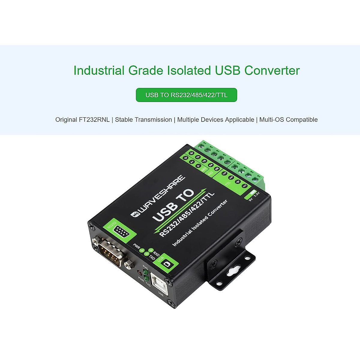 USB to RS232/485/422/TTL Converter Adopt Original FT232RNL Chip, Industrial Isolated USB Converter with Multiple Protection, Support Multi Communication Interface Conversion and Multi System