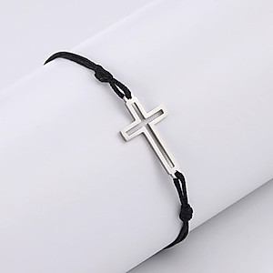 UNIFT Cross Bracelet For Women Men Stainless Steel Hollow Out Cross Adjustable Sideways Double Rope String Bracelet Christian Catholic Jewelry (silver, Stainless Steel)