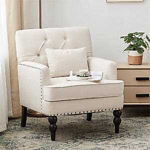 HUIMO Tufted Club Chair,Accent Chair with Lumbar Pillow, Upholstered Button Armchair, Linen Fabric Sofa Chairs for Bedroom, Living Room, Mid Century Modern with Studded Reading Chair Beige