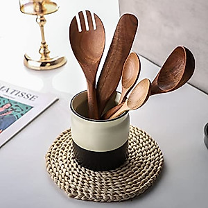 Ceramic Utensil Holder Double Layer kitchen Utensil Holder for Countertop with Drainage Holes Utensil Crock for Farmhouse Kitchen Decor. (0.68)