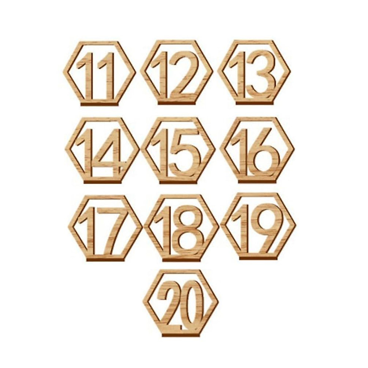 SYCOOVEN Wooden Table Numbers, 1-10 Wedding Table Numbers with Holder Base, Double Sided Hexagon Shape Perfect for Wedding, Party, Events or Catering Decoration(11-20)