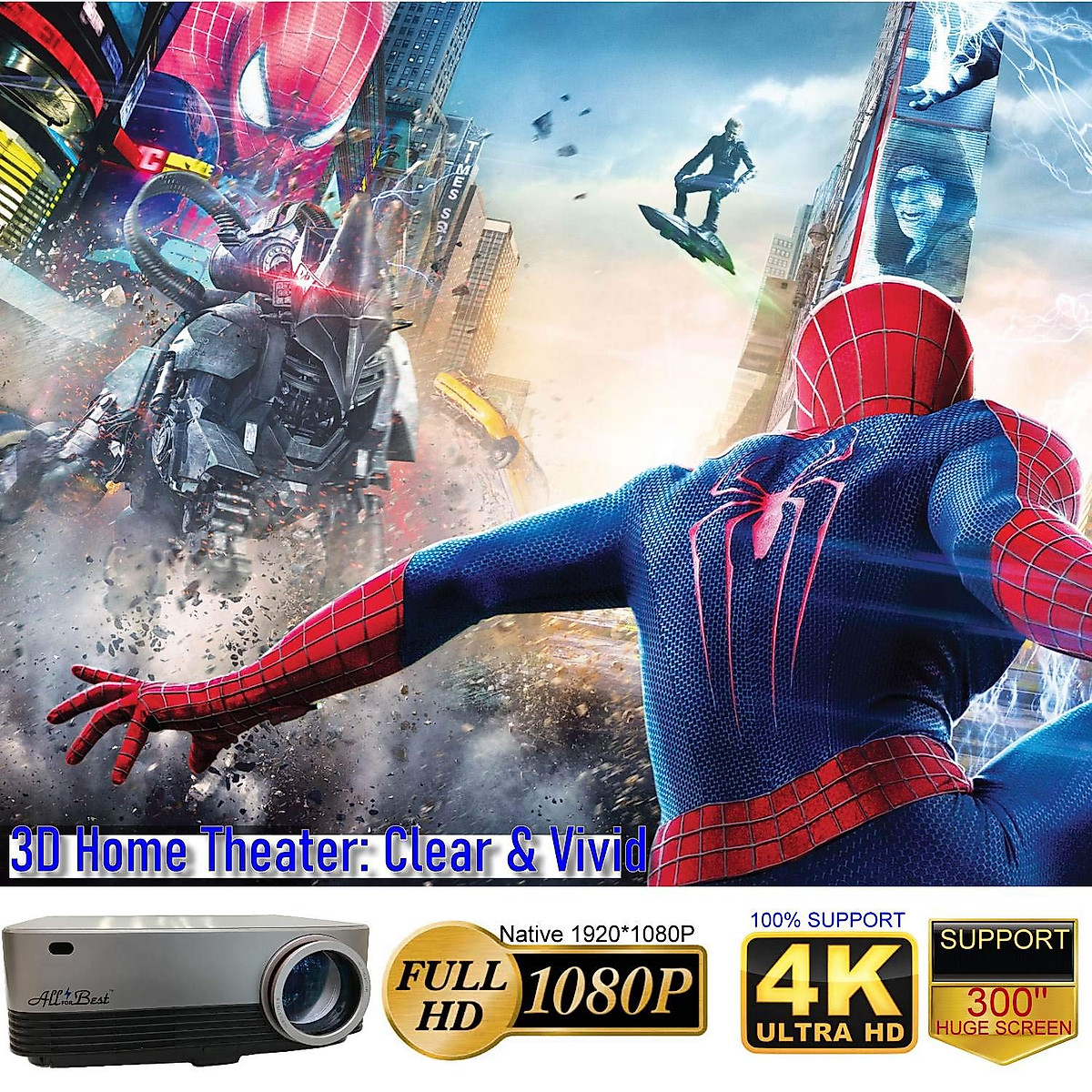 AllForBest Full HD LED, Native 1080P Projector, Support 4K,5500 Lux,Support 300” Display, HDMI VGA USB, Compatible with TV Box Xbox Playstation Laptop iPhone Android,Perfect for Home Theater & PPT