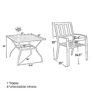 PHI VILLA 5 Piece Metal Patio Dining Set 37" Square Patio Bistro Table and Garden Backyard Chairs - Umbrella Hole 1.57"