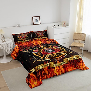 Firefighter Theme Children Comforter Set,Burning Flame Bedding Set for Kids Boys,Adults Soft Fireman Sign Comforter,Teens Red and Black Quilted Duvet Set Bedroom Collection King Size 3Pcs
