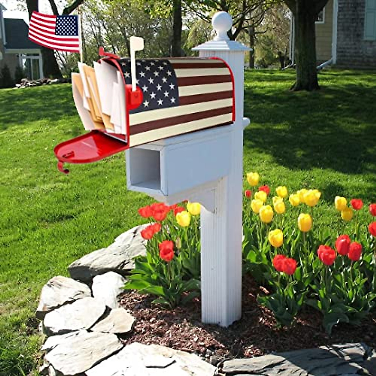 Memorial Day Anniversary God Bless Us Magnetic Mailbox Covers and Hand Waving Flag for Veterans Day,Wooden Stick Flag and Magnetic Letter Post Box Wraps Cover for Outdoor Home Garden Decor