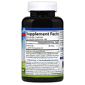 Carlson - Vitamin K2 MK-7 (Menaquinone), 45 mcg, Bone Support, Circulation Function & Calcium Bioavailability, 180 Softgels
