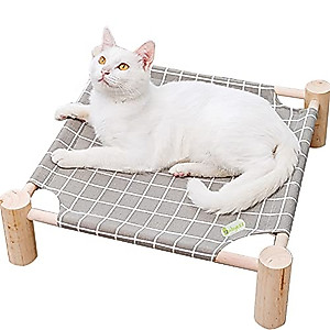 Babyezz Cat and Dog Hammock Bed, Wooden cat Hammock Elevated Cooling Bed, Detachable Portable Indoor/Outdoor pet Bed, Suitable for Cats and Small Dogs (Gray Grid)