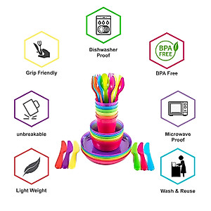 Cuddly Hippo Kids Plastic Dinnerware Set of 36 Multi Color Pieces (Plates, Bowls, Cups and Flatware) - Reusable, BPA-Free, Dishwasher Safe and Microwaveable