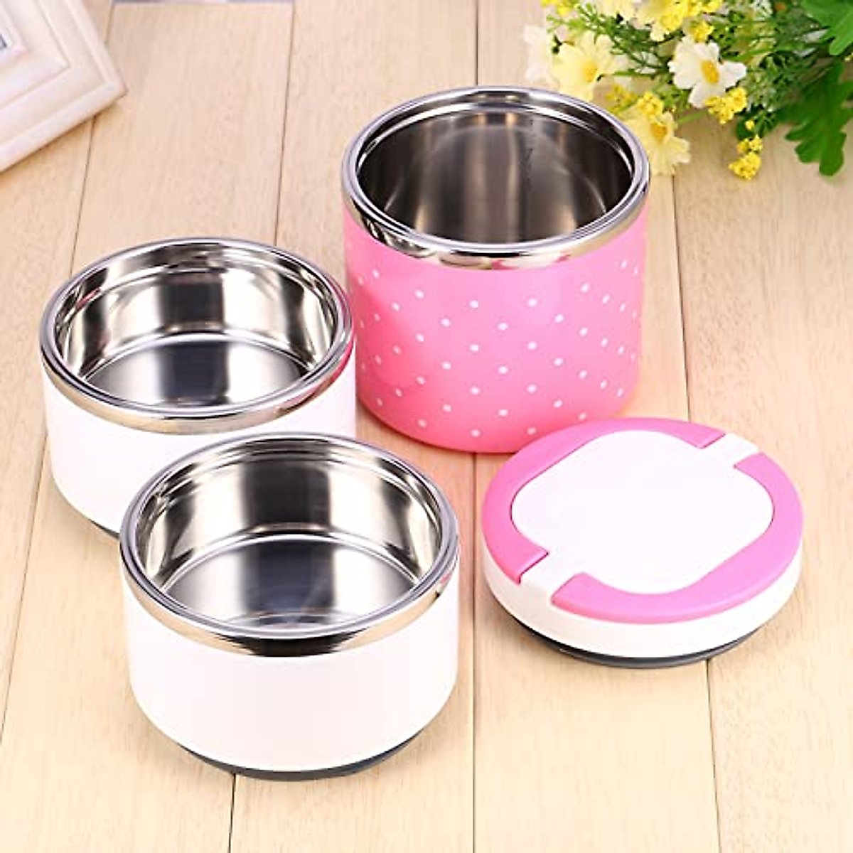 Oumefar Bento Box Pink Cylindrical Thermal Bento Box 1-3 Layer Changeable Insulation Thermo Thermal Lunch Box Food Storage Container with Wave Dot Pattern