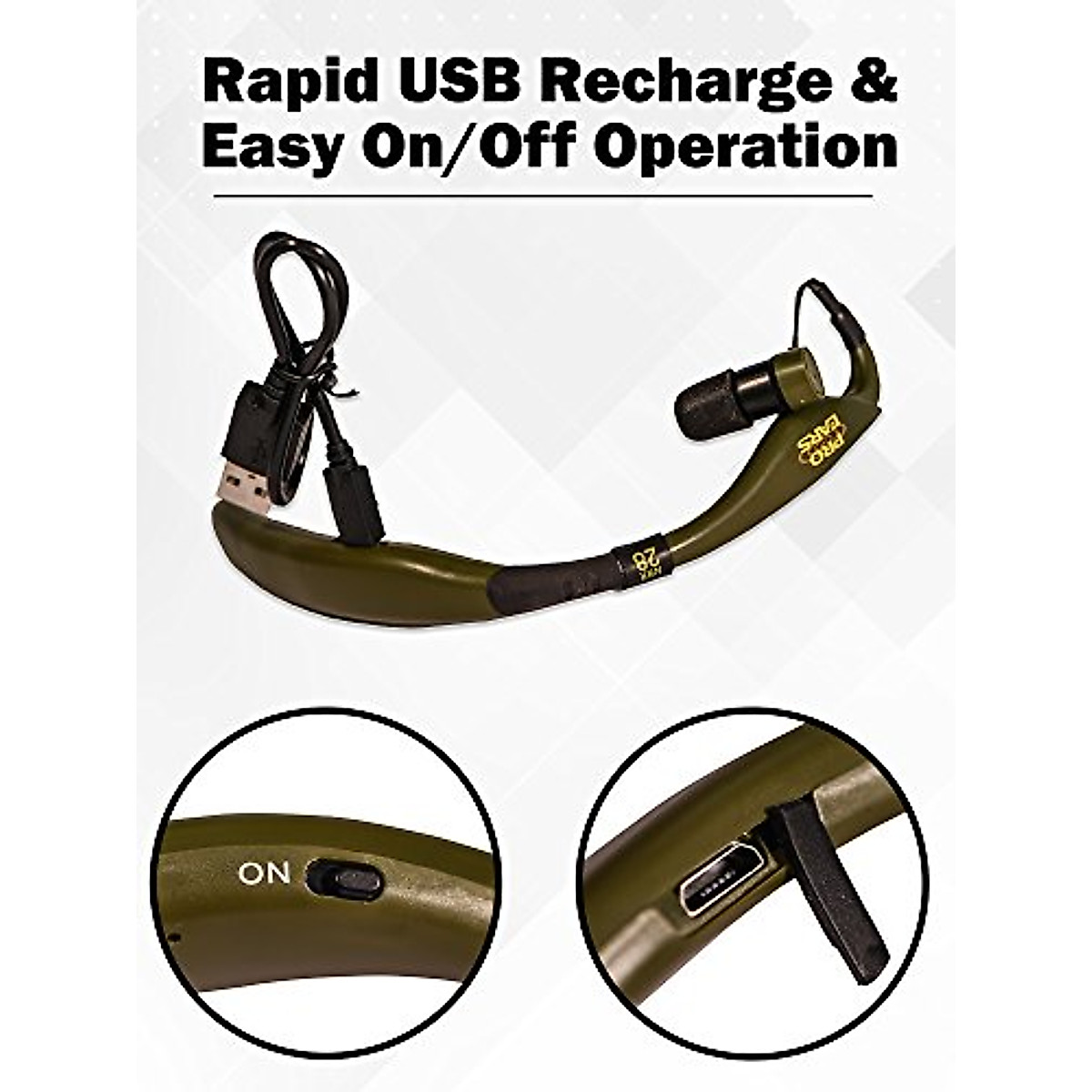 Pro Ears Stealth 28 Ear Buds, Electronic Noise Amplification, 28 dB Hearing Protection, Behind The Head, Hunting & Shooting, Electronic Sound Dampener & Compression Technology, Rechargeable, Green