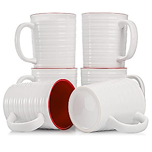 ZEAYEA Set of 6 Coffee Mug Set, 16 oz Large Coffee Cup with Handle for Coffee Cocoa Tea Milk, Ceramic Mug for Birthday, Party, Easy to Clean and Hold, White and Red