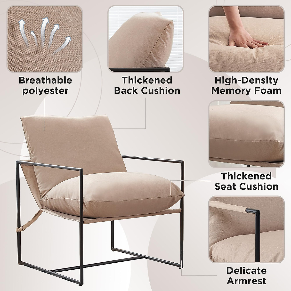 Fahomiss Mid Century Modern Accent Chair, Steel Armchair, Fabric Lounge Chair for Living Room, Bedroom, Home Office in Microfiber Upholstery, (Beige)