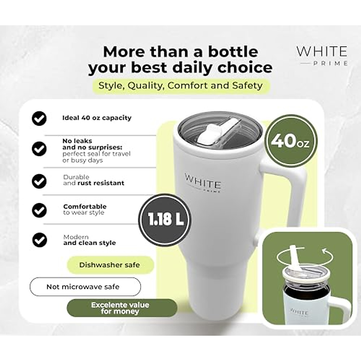 WHITE Prime 40 oz Tumbler | 100% Leak Proof | Simple Elegant Modern | Stainless Steel Double Wall Tumbler with handle | Reusable Water Bottle | Cupholder Friendly | Drinkware Flasks