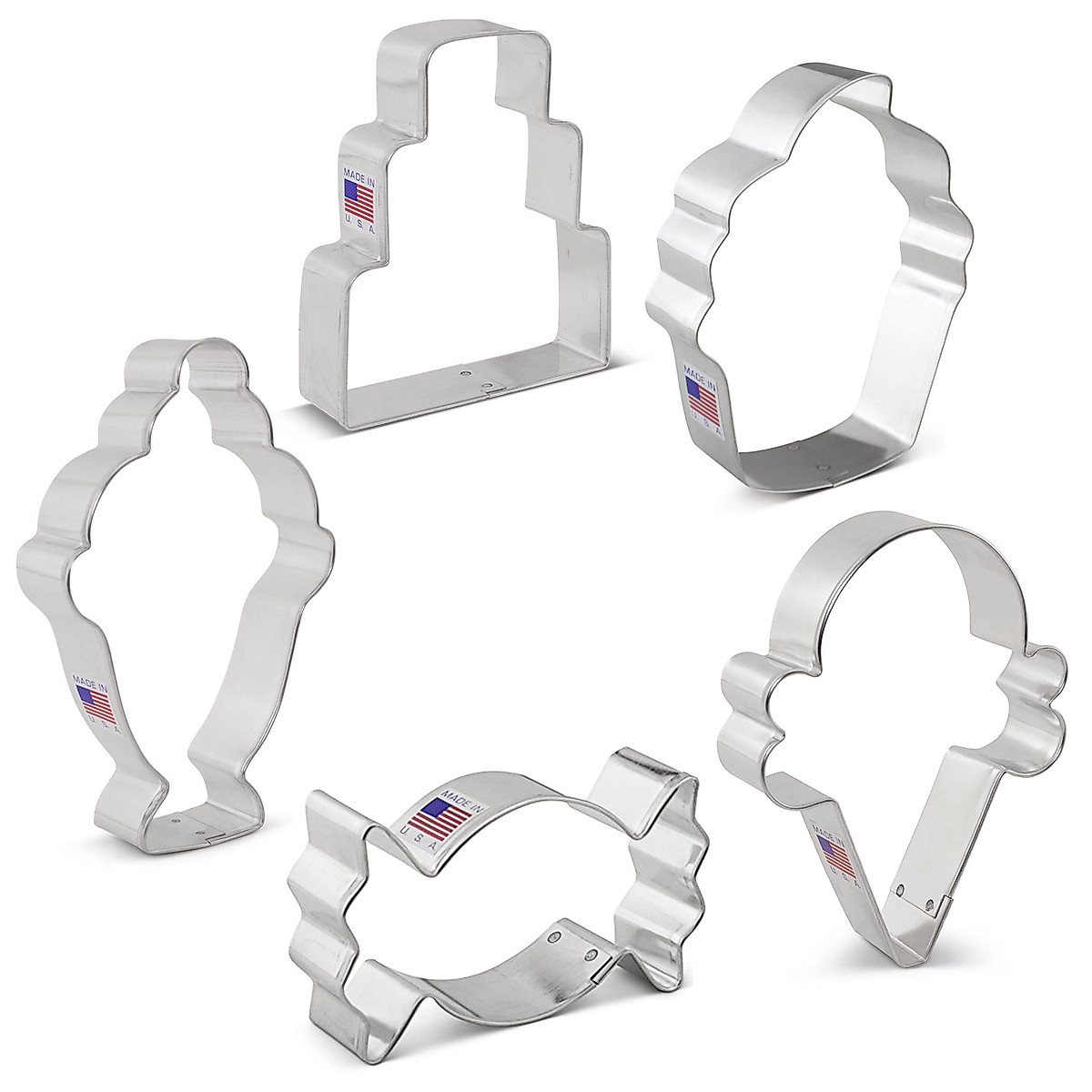 Candy and Sweets Cookie Cutters 5-Pc. Set Made in the USA by Ann Clark, Candy, Cupcake, Ice Cream Cone, Cake, Ice Cream Sundae