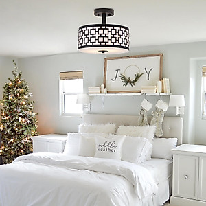 Sheenkarion Black Semi Flush Mount Ceiling Light,Modern Ceiling Drum Lighting Fixtures with Round Metal and Glass Shade for Bedroom Hallway Kitchen Dining Living Room Foyer Entry