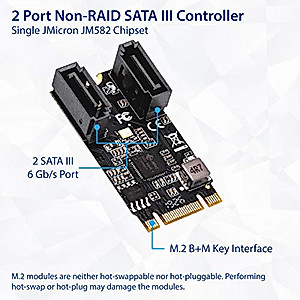 I/O CREST M.2 22x42 to SATA III 2 Ports Adapter Card (Jmicro Chipset), Add Two SATA 3.0 Devices to Any M.2 2242 Slot