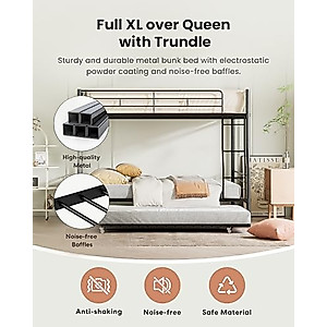 Miscoos Full XL Over Queen Bunk Bed with Trundle, Heavy-Duty Bunk Bed Frame with Ladder and High Guardrail, Convertible into 3 Beds for Kids Teens Girls Boys, Black