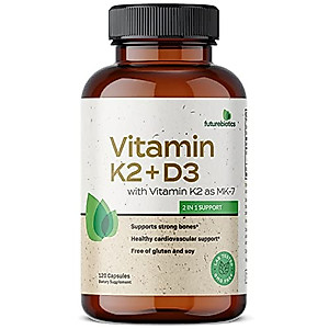 Futurebiotics Vitamin K2 (MK7) with D3 Supplement - Non-GMO Formula - 5000 IU Vitamin D3 & 90 mcg Vitamin K2 MK-7, 120 Vegetarian Capsules