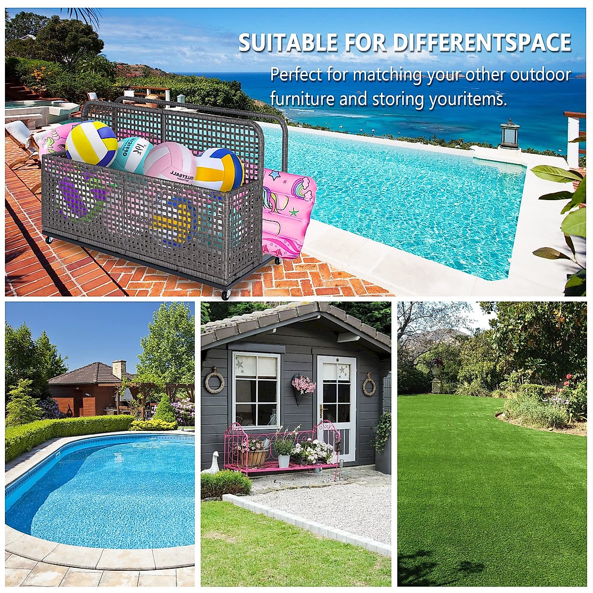 STMHOM Poolside Float Storage, Outdoor Storage, Patio Poolside Float Storage Basket, Storage Box, PE Rattan Outdoor Pool Caddy with Rolling Wheels for Floaties, Patio, Pool, Beach-Sturdy & Movable,