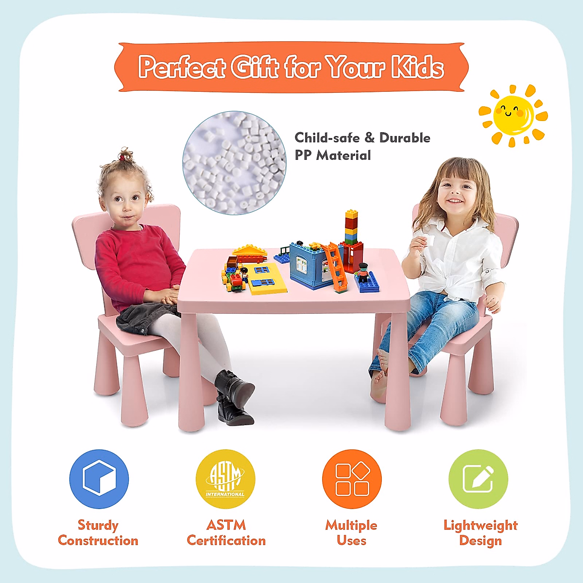 COSTWAY 3-Piece Kids Table and Chairs Set, Lightweight Plastic Children Activity Center for Reading, Writing, Painting, Snack Time, Kids Furniture Art Study Desk & Chairs Set for Ages 1-7 (Pink)