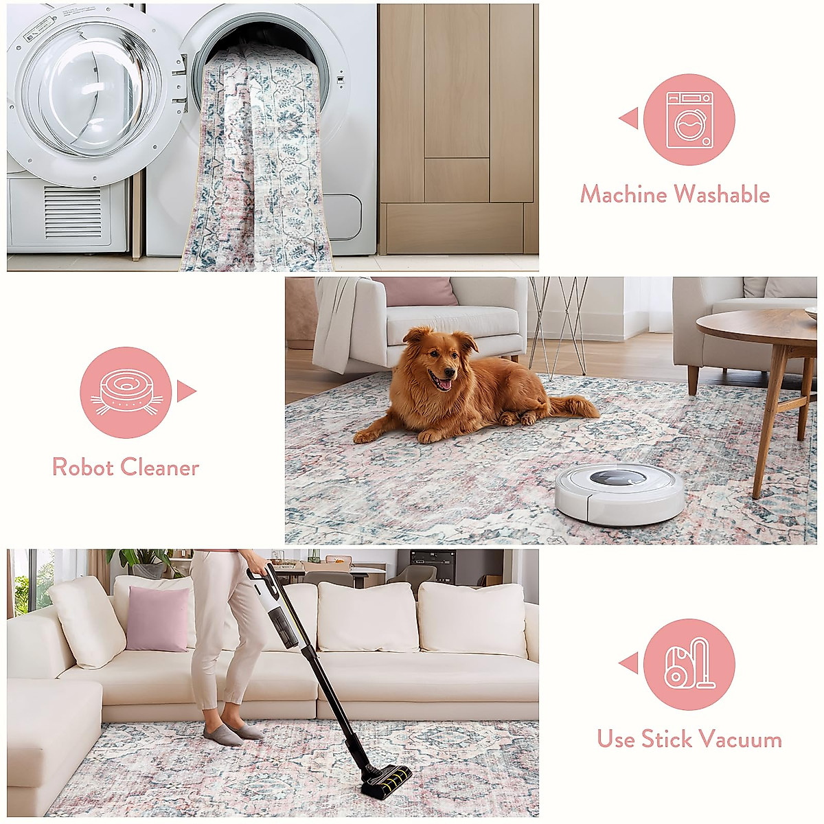 LIVEBOX Washable Rugs 8x10 for Girls Bedroom, Light Pink Area Rugs for Girls Room, Soft Non-Shedding Boho Living Room Rugs, Low-Pile Floral Rug Faux Wool Bedroom Rug 8x10 Under Bed, Blush/Blue