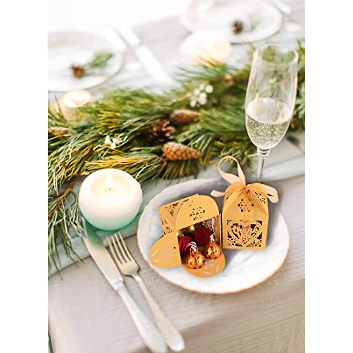 Elephant-package 25 Pcs Laser Cut Boxes (Gold), Bridal Shower Favor Boxes with Ribbon, Thank You Lace Candy Boxes, Party Favor, Wedding, Anniversary