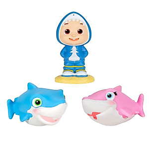 CoComelon Official Bath Squirters, Featuring JJ Character Toy (4” Tall) and 2 Sharks (4” Wide), Bath Time Fun Playset - Character Toys for Babies, Toddlers, and Kids