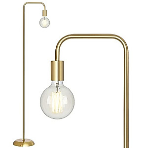 QiMH Industrial Floor Lamp with Light Bulb, Metal Standing Lamp,Tall Modern Brushed Gold Led Living Room Floor Lamp for Home Decor,Bedroom,Reading,Office(E26 Socket,Foot Switch)