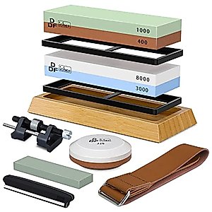 DDF iohEF Whetstone Sharpening Stone Kit 4 Side Grit 400/1000 3000/8000 Wet Stone Knife Sharpeners Set with Axe Sharpening, Angle Guide, Flattening Stone, Leather Strop, Non-Slip Bamboo Base