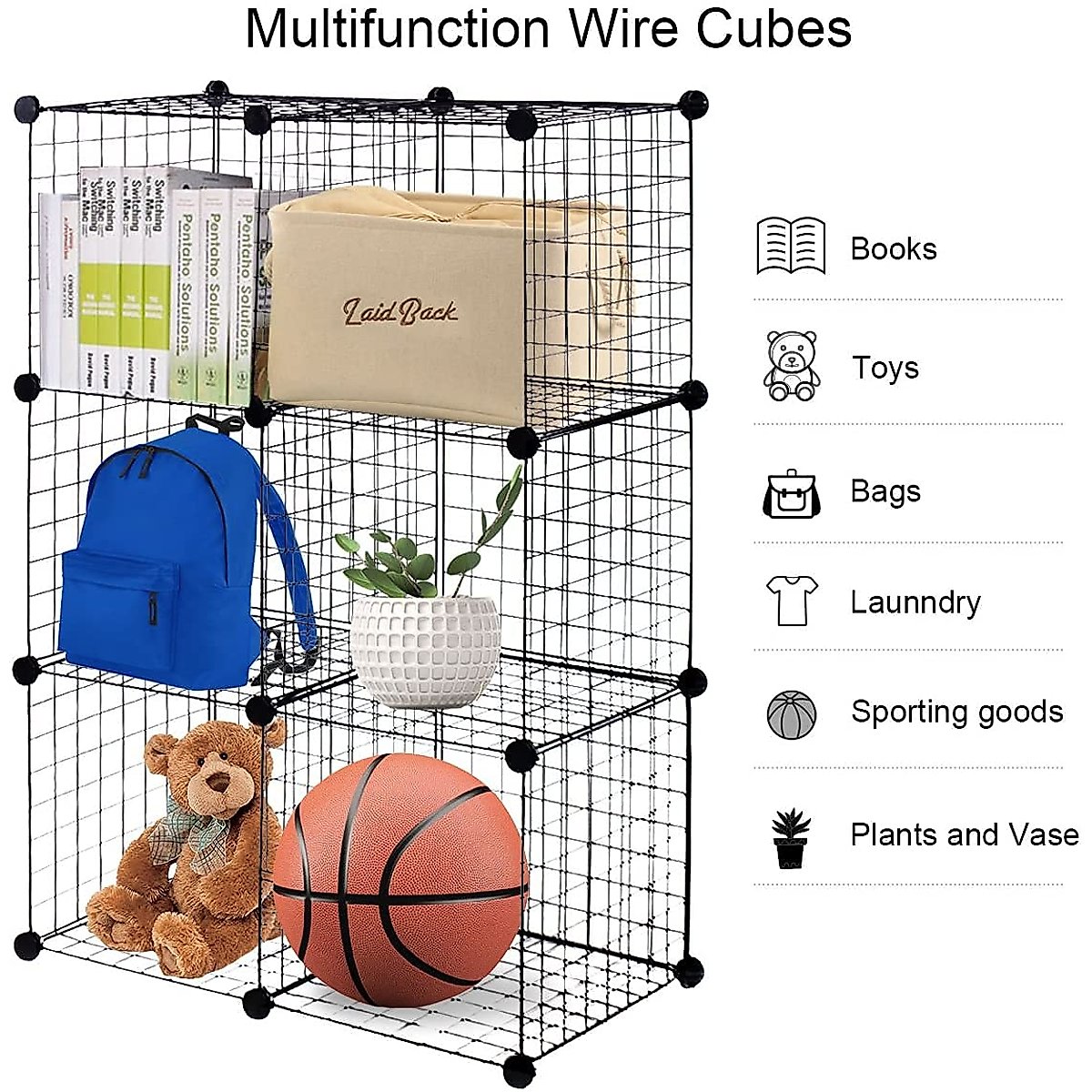 Safeplus DIY Wire Cube Storage, Storage Shelves 6 Cube Bookshelf Bookcase Closet Organizer and Storage, Stackable Grid Organizer, Black