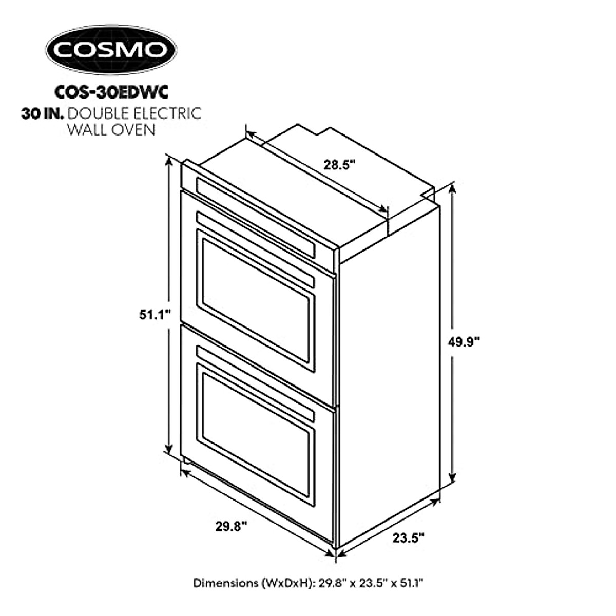 COSMO COS-30EDWC 30 in. Haven Collection Double Electric Wall Oven, True Convection, Blue Porcelain, Self Cleaning in Stainless Steel
