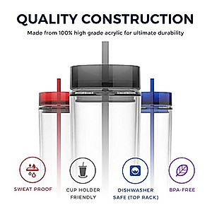 Maars Drinkware Double Wall Insulated Skinny Acrylic Tumblers with Straw and Lid, 16 oz. (12 pack, Assorted)