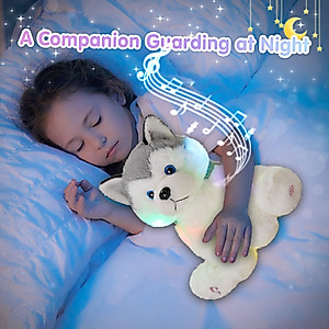 Houwsbaby 12'' Gray Light Up Musical Stuffed Animal Husky Singing LED Dog Glowing Plush Toy Lullaby Animated Soothe Birthday Festival Present for Kids Toddler Girls