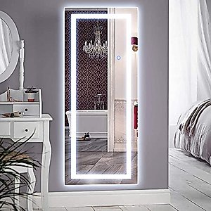 QiMH Vertical 47x22 Inch Wall Mounted LED Lighted Vanity Mirror with Aluminum Frame Backlit, 3 Colors Dimmable Light, Bedroom and Bathroom Hanging Rectangle Whole Body Mirror