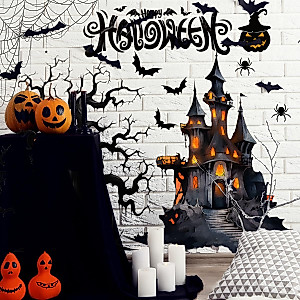 Large Halloween Wall Stickers Halloween Spooky Tree Wall Decal Peel and Stick Halloween Castle Bats Pumpkin Spider Web Wall Sticker for Window Bedroom Living Room Halloween Party Supplies Decorations
