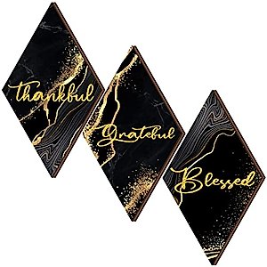 3 Pcs Marble Style Bathroom Wall Decor Thankful Grateful Blessed Wall Decor Black and Gold Farmhouse Rustic Art Wall Decor Wooden Bathroom Hanging Signs for Home Laundry Spa Room,11.8 x 6.7 Inches