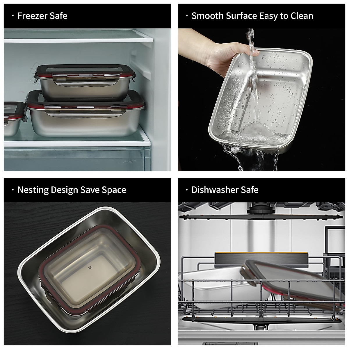 YLARMY 4PCS Stainless steel Food Storage Container with lids - Leakproof & Airtight for Kitchen,Meal Prep Lunch Box, Stackable Leftover Containers for Freezer Oven Safe 220ml/600ml/1500ml/2900ml