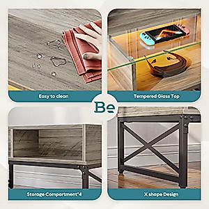 Bestier LED Coffee Tables for Living Room, Glass Center Table with Storage for Game Night. 42 Inch Large Living Room Tables Grey Wash