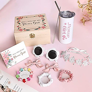 9 Pcs Flower Girl Gifts Set, Flower Girl Proposal Gifts Box, Will You Be My Flower Girl for Wedding, Flower Girl Sunglasses Hair Accessory Hairpins Hair Ring Tumbler Cup Wedding Gift Set Wooden Box