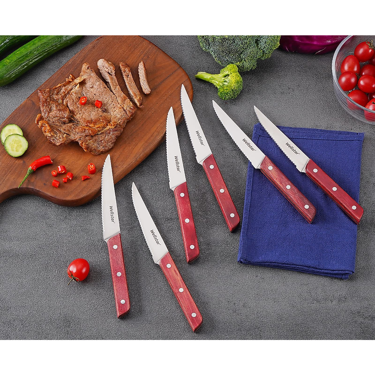 WELLSTAR Serrated Steak Knife Set of 6, Ultra Sharp Japanese Stainless Steel 4.5 inch Blade and Full Tang Pakkawood Handle Dinner Table Knives Pack for Home Kitchen Restaurant – Triple Riveted