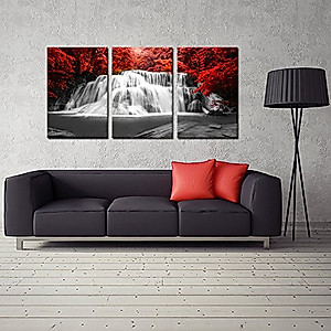Kreative Arts Black White and Red Canvas Wall Art 3 Pieces Red Woods Waterfall Canvas Print Landscape Paintings Framed Picture for Office and Home Décor Ready to Hang 16x24inchx3pcs