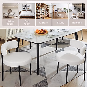 RIGHTPARTS Boucle Dining Chairs Set of 2, Modern Upholstered Tufted Dining Room Chairs, Mid Century Furry Round Kitchen Chairs Curved Backrest Metal Legs Easy Assemble (White, 2)