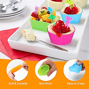 SEANSDA 70 Pcs Silicone Lunch Box Dividers Set, Thicked Silicone Cupcake Liners for Baking, Reusable Lunch Bento Box Accessories with Animal Food Picks for Kids (20 Cupcake Cup + 50 Picks)