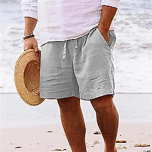 Cotton Linen Elastic Waistband Big & Tall Plus Sized Mens Beach Shorts Bodybuilding Hiking Shorts Grey