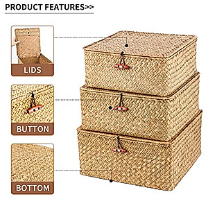SHEYRAJIIA 3 Pack Cube Seagrass Storage Bins with Lids, Rattan Woven Decorative Storage Boxes, Wicker Storage Baskets for Shelves, Storage Containers for Organizing, Toys, Clothes and Hobby Things