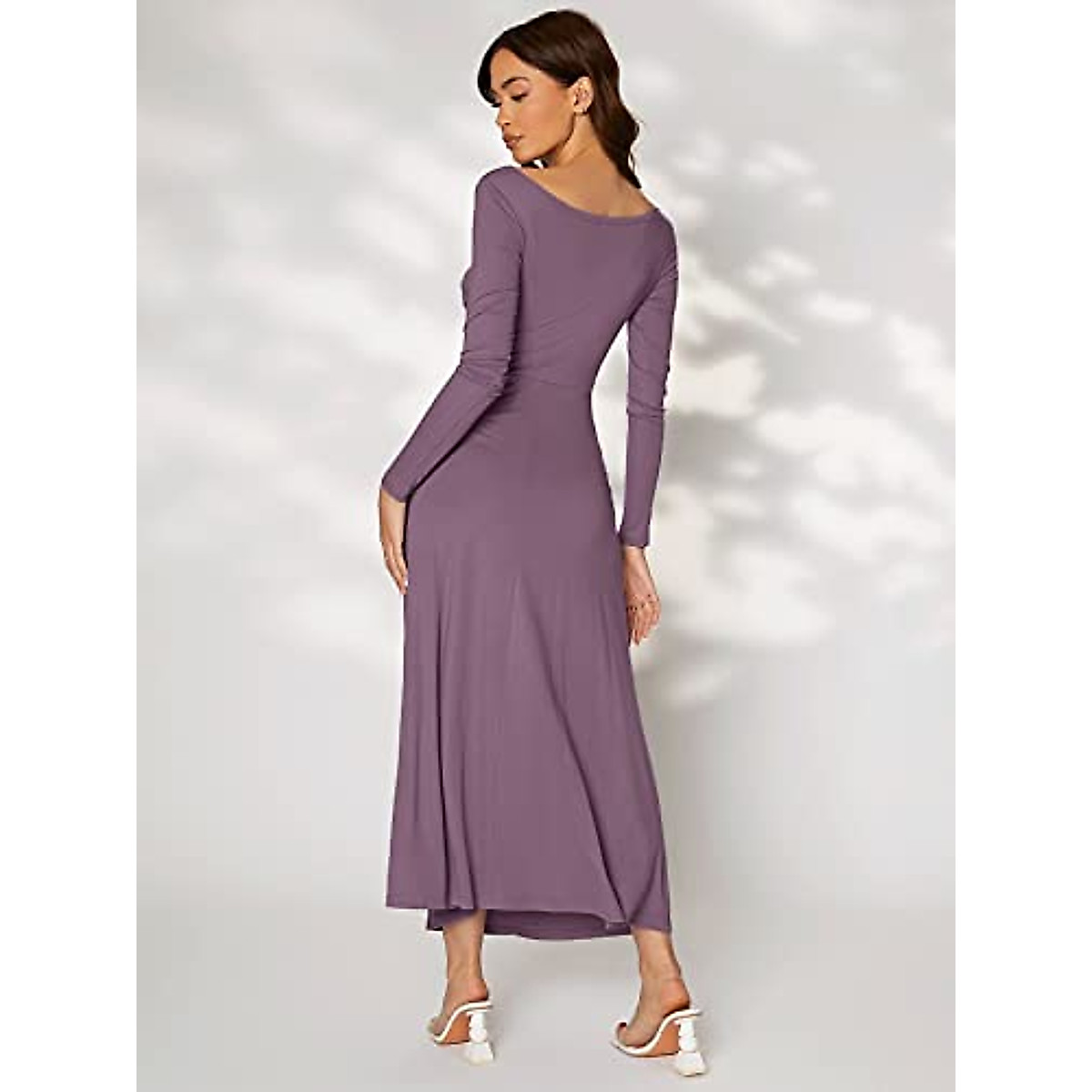 Floerns Women's Solid Boat Neck Long Sleeve Ruched Side Party A Line Long Dress Mauve Purple S