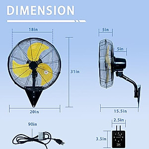 TMWINGS 18in Wall Mount Fan Oscillating Wall Fan Wall Mounted Fan Indoor High Velocity 3 Speed with Adjustable Tilting for Room Commercial Garage Industrial Outdoor Wall Fan