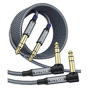 AkoaDa 1/4 Inch TRS Instrument Cable (10ft 2Pack), Right Angle 6.35mm Male Jack Stereo Audio Interconnect Cord,Compatible for Bass,Keyboard,Mixer,Amplifier,Amp,Electric Guitar,Speaker